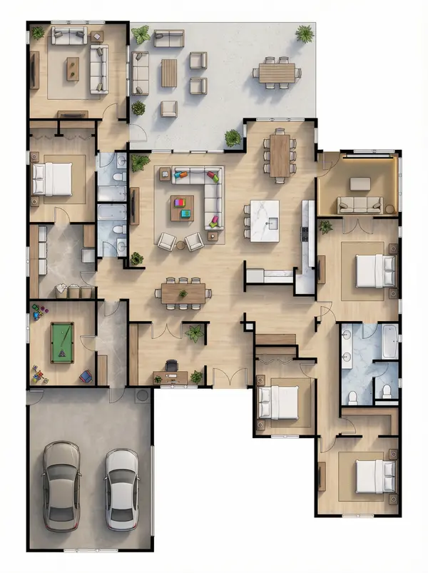 Free Dark 4 Bedroom 3 Bath House Plans with Rec Room and Theater | Drafted