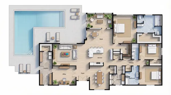 Free Classic 3 Bedroom 3 Bath House Plans with Bar | Drafted